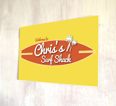 Personalised yellow Surf Shack Beach Bar sign A4 metal plaque Shabby ...