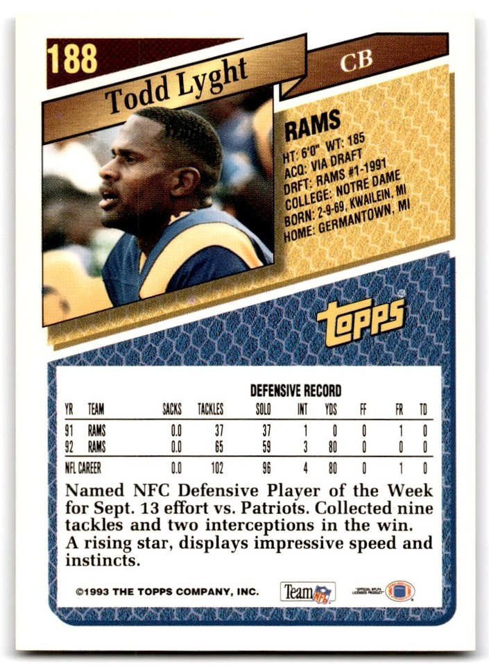 1993 Topps Todd Lyght Los Angeles Rams #188 | eBay
