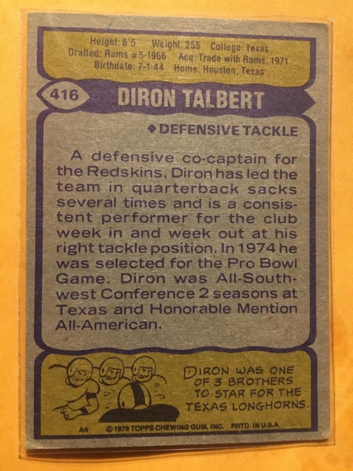 1979 Topps Redskins Diron Talbert Football Card #416 | eBay