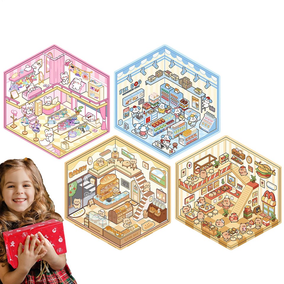 3D Scene Visual Sticker 4pc Pack Set Cartoon Miniatures Set Stacking ...