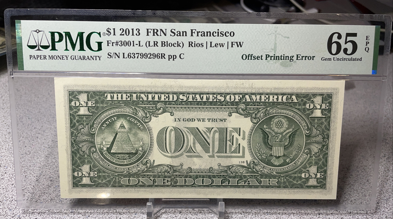 2013 $1 Federal Reserve Note PMG 65 EPQ Partial Matte Offset Printing ...