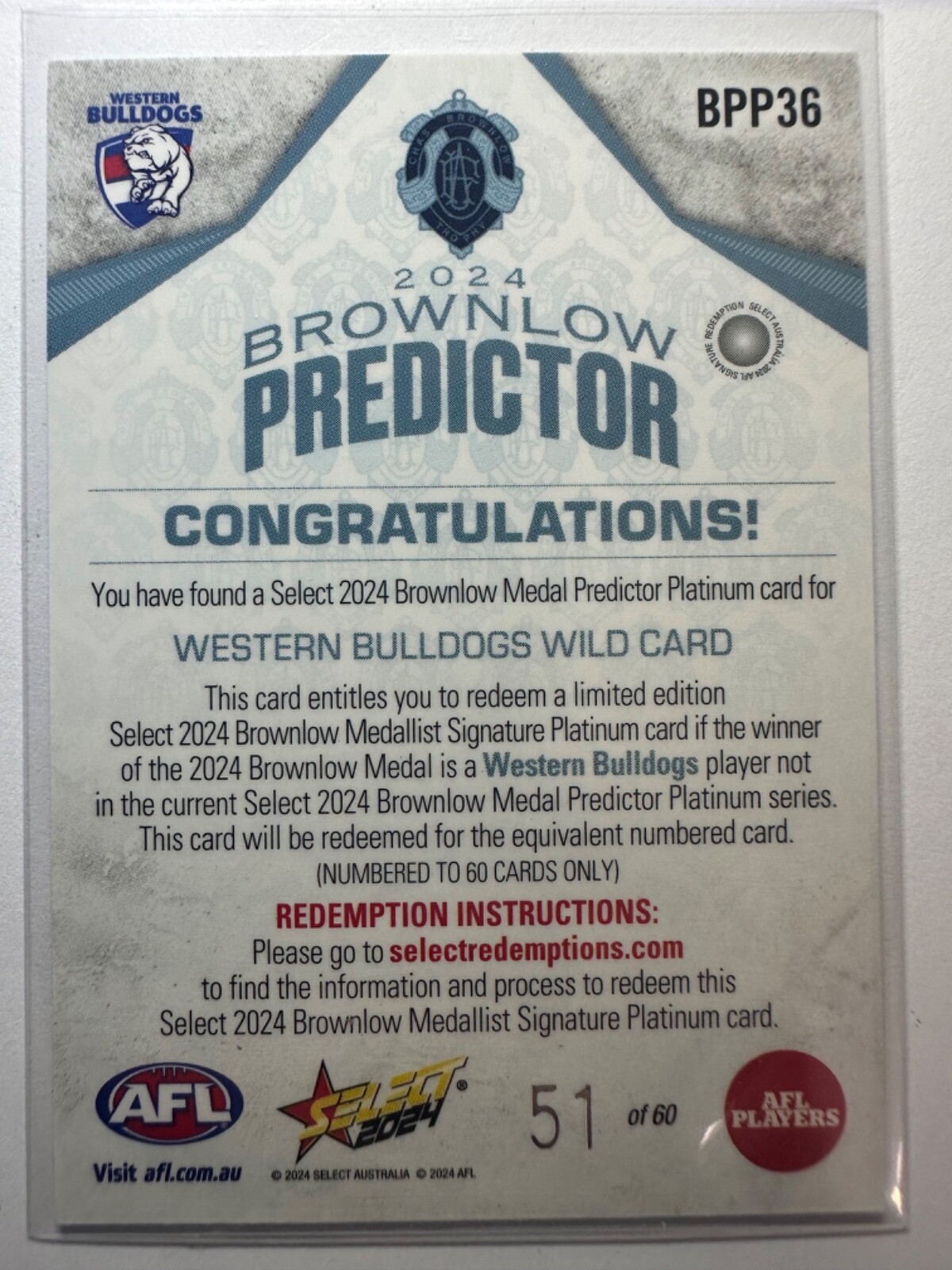 2024 Select Footy Stars Brownlow Predictor BPP36 WILD CARD #51/60 ...
