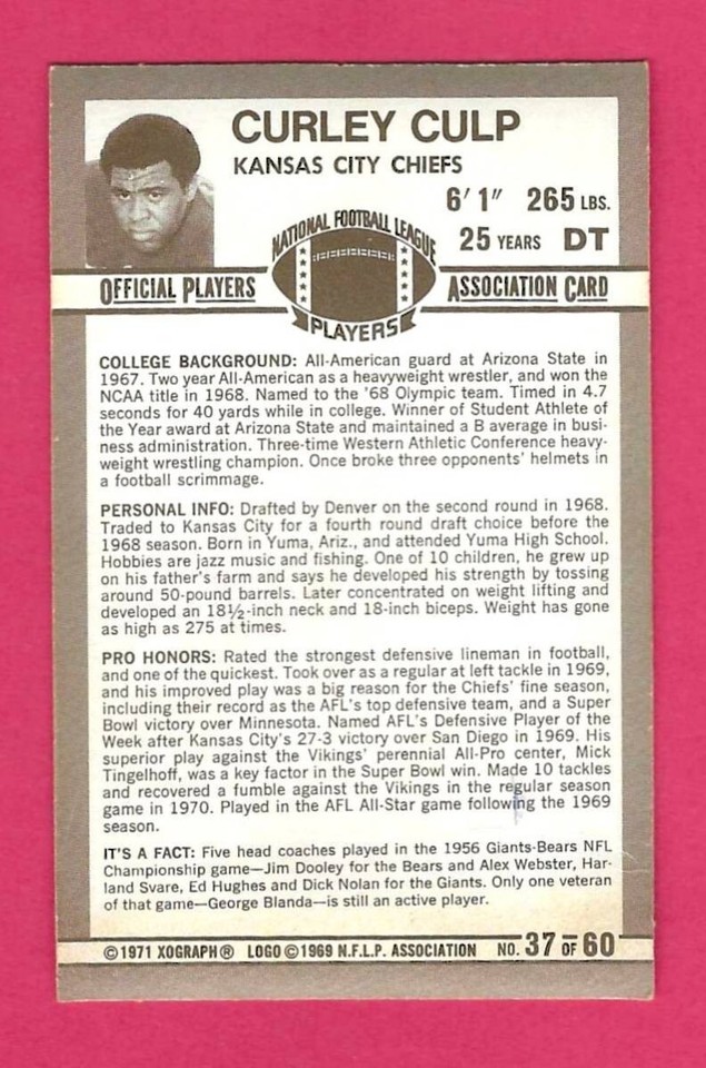 1971 Kellogg's Football 3-D #37 Curley Culp Kansas City Chiefs | eBay