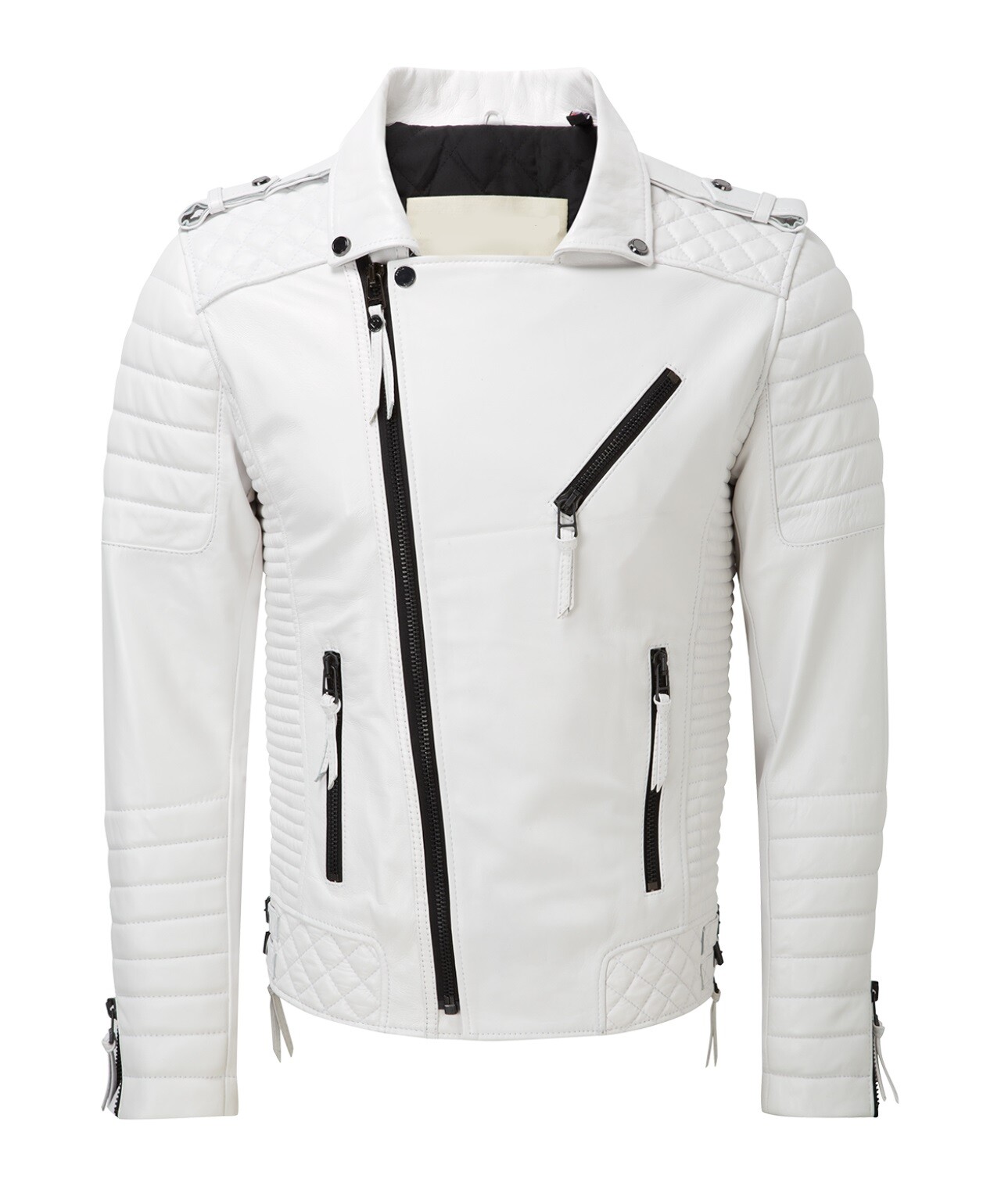 Men's Genuine Lambskin Leather Motorcycle Jacket White Premium Cool ...