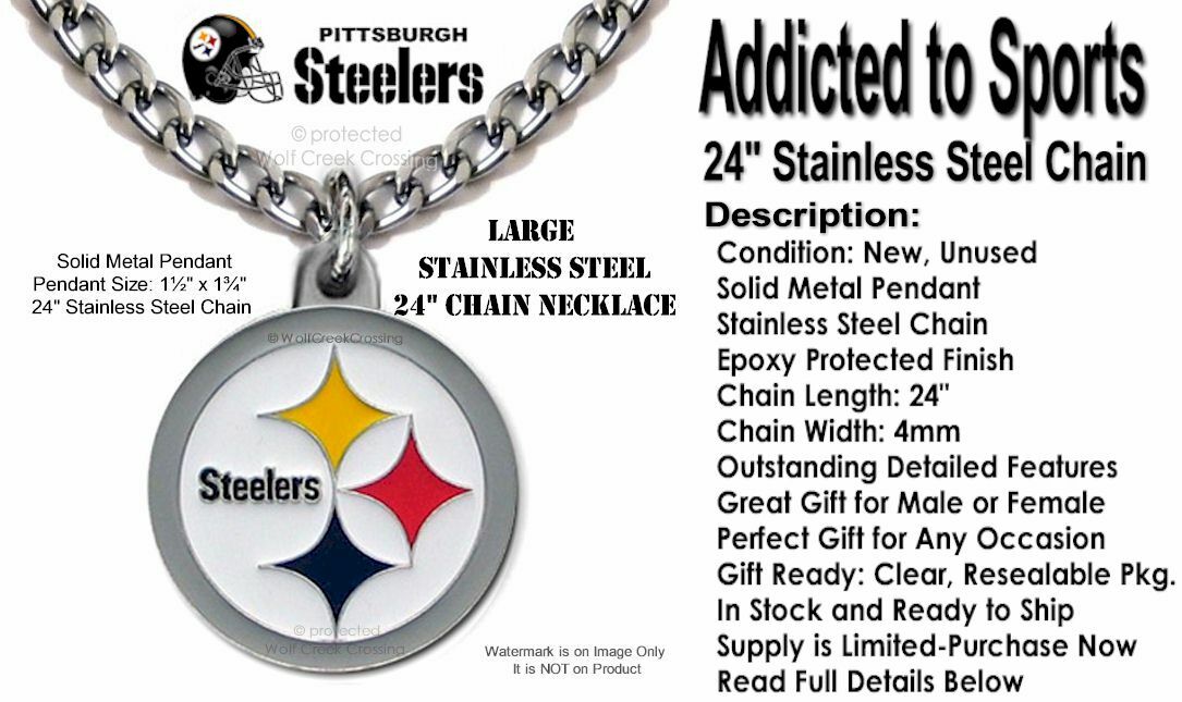 NEW! LARGE PITTSBURGH STEELERS NECKLACE 24" STAINLESS STEEL CHAIN NFL ...