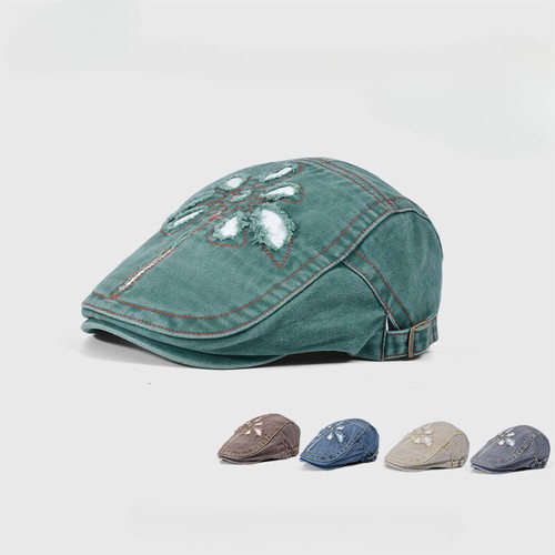 Women Floral Ripped Denim Beret Hat Ivy Cap Cabbie Driving Hunting ...
