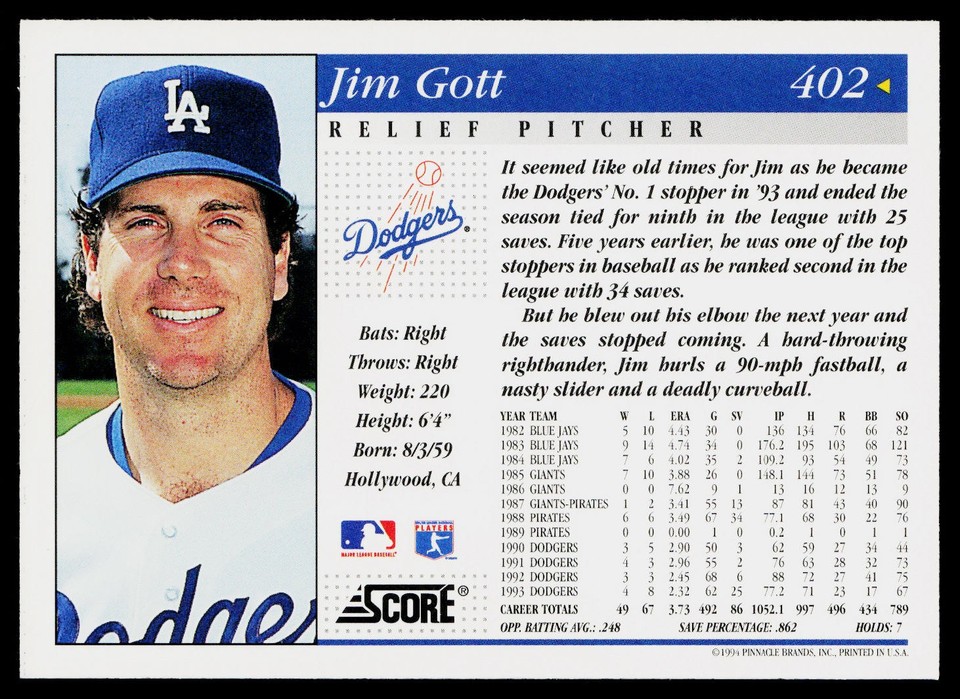 1994 Score #402 Jim Gott Los Angeles Dodgers | eBay