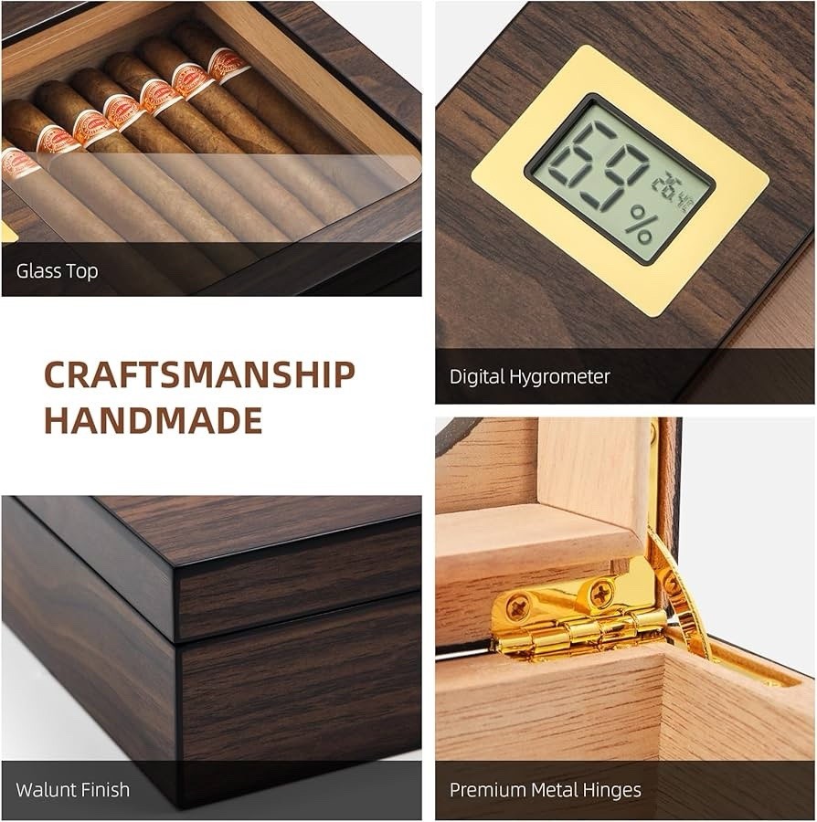 Cigar Humidor, Modern Glass Top Cedar Humidor Cigar Box with Digital ...