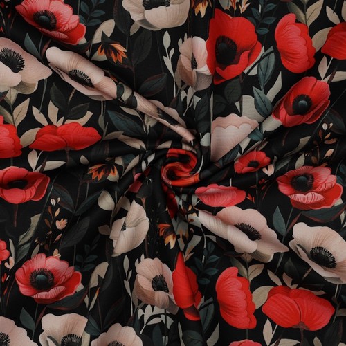 Stoff Meterware Mohnblumen auf schwarz Softshell wasserabweisend ...