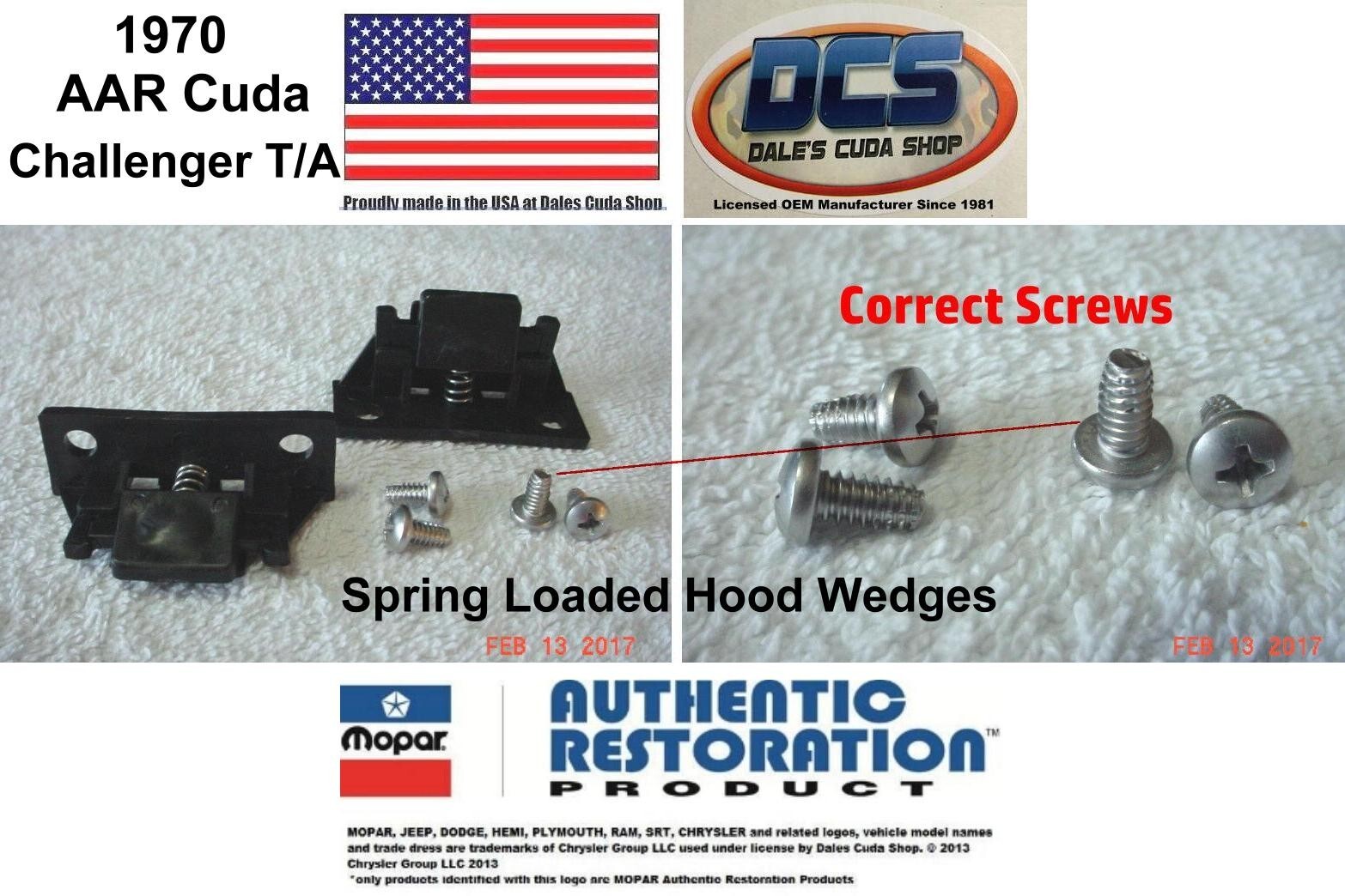 1970 Challenger T/A AAR Cuda E Body Spring Loaded Hood Wedges NEW MoPar ...