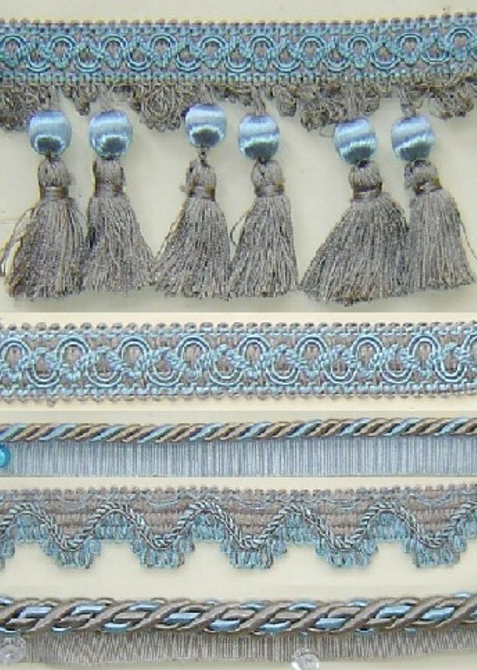 1" Braid 3 YD Aqua Blue and Dark Tan matched tassel fringe Gimp Cording ...