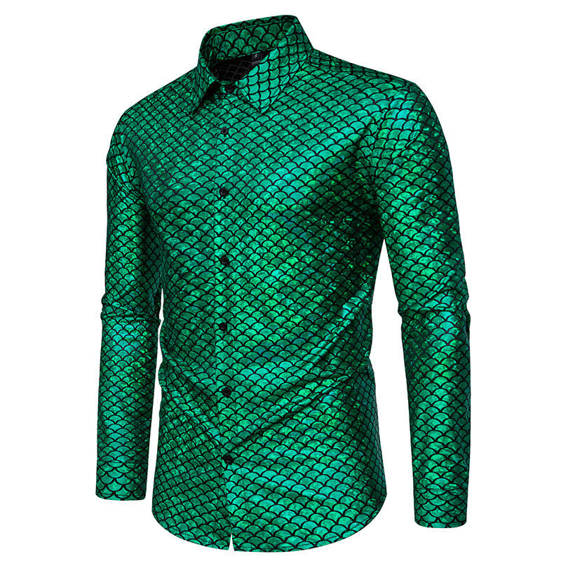 Men Shirt Fish Scale Tops Button Tops Blouse Shirt Shiny Stage Costume ...