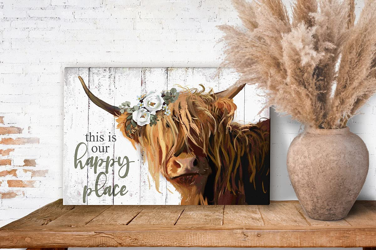 Highland Cow Wall Art - This Is Our Happy Place Inspirational Canvas ...