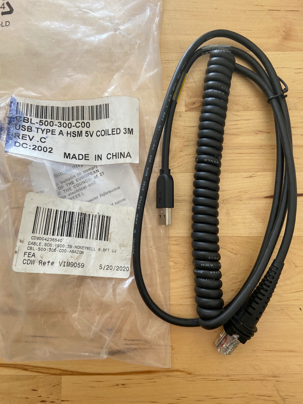 Honeywell CBL-500-300-C00 USB COILED Cable 9.84 ft Type A USB to RJ ...