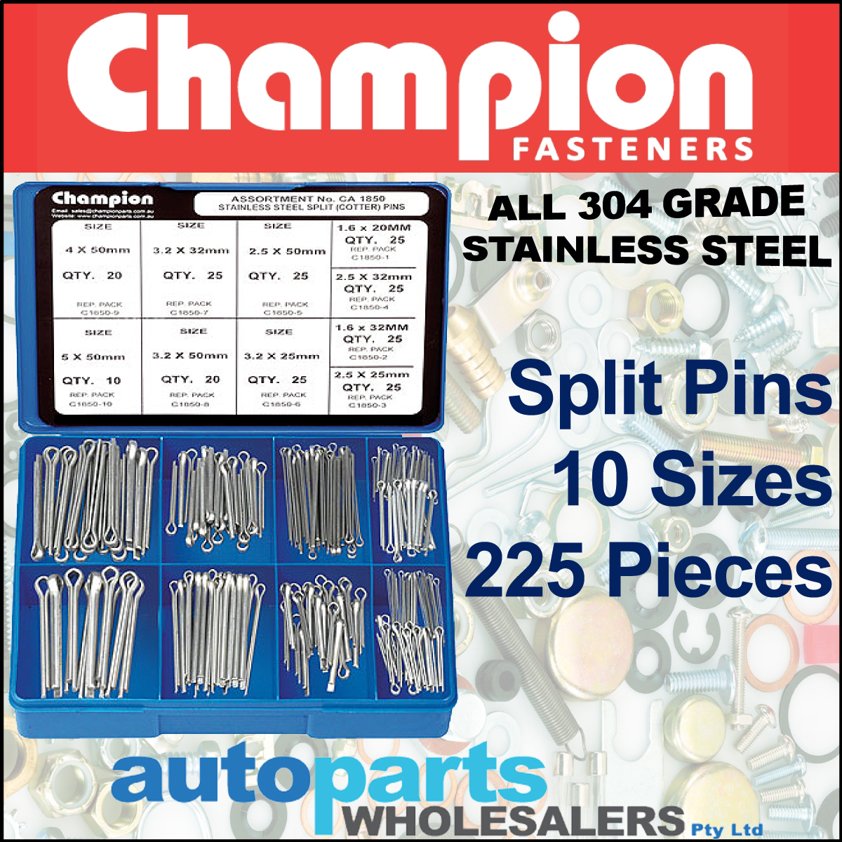 CHAMPION SPLIT PINS COTTER PINS 304 STAINLESS STEEL ASSORTMENT KIT (225 ...