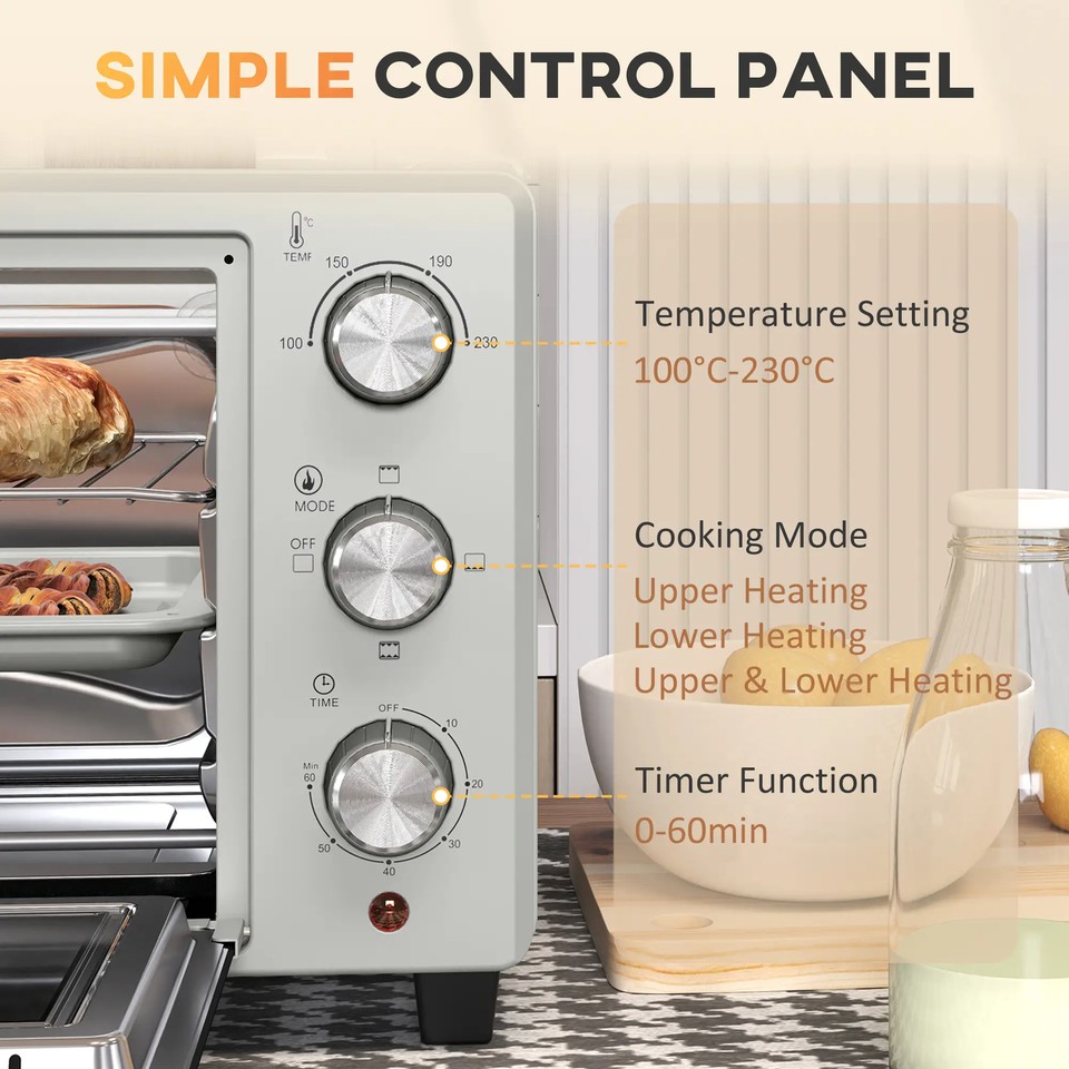 HOMCOM Mini Oven 21L Electric Grill w/ Adjustable Temp 1400W, Silver ...