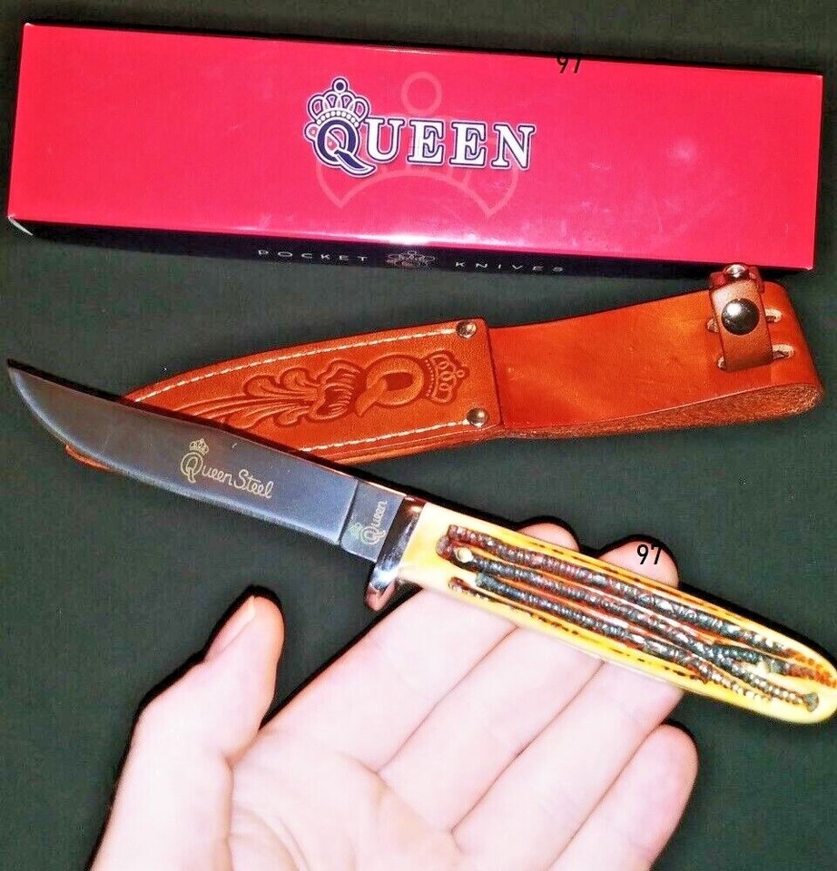 Queen Steel Knife fixed blade Canoe with Bone Handle and Leather belt ...