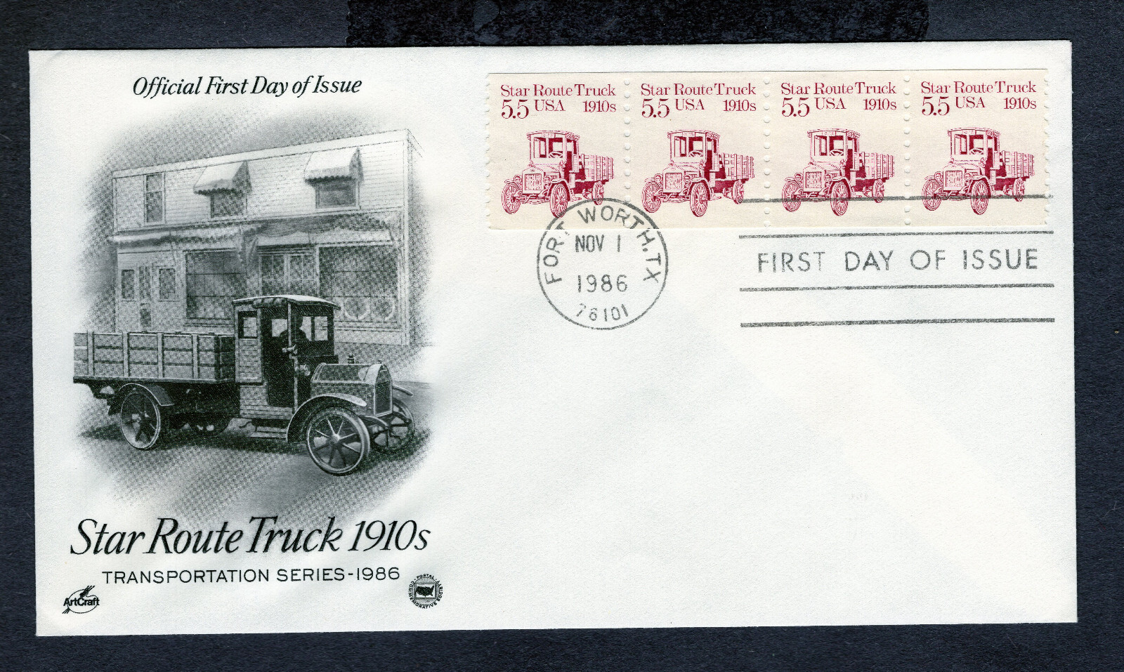 1986 Stamp #2125 Star Route Truck 1910s Strip of 4 FDC Artcraft Cachet ...