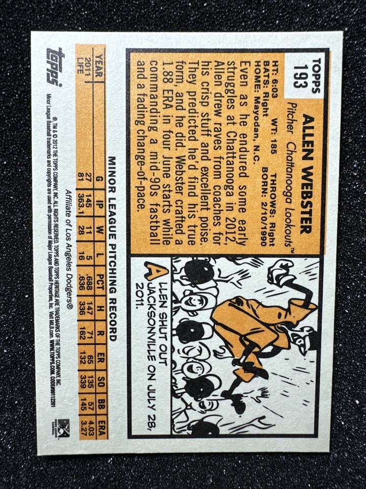 ALLEN WEBSTER #193 2012 Topps Heritage Minor League Edition Rookie ...