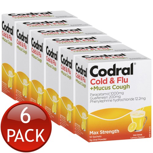 6 x Codral Cold & Flu + Mucus Cough Max Strength Hot Drink Powder Lemon ...
