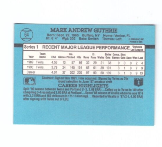 1991 Donruss Baseball Card #64 Mark Guthrie Twins | eBay
