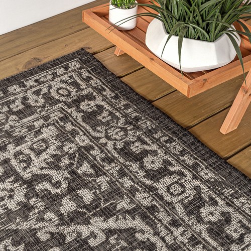 Boho Medallion Indoor Outdoor Runner Rug 2X8 Black/Gray, Malta Textured ...