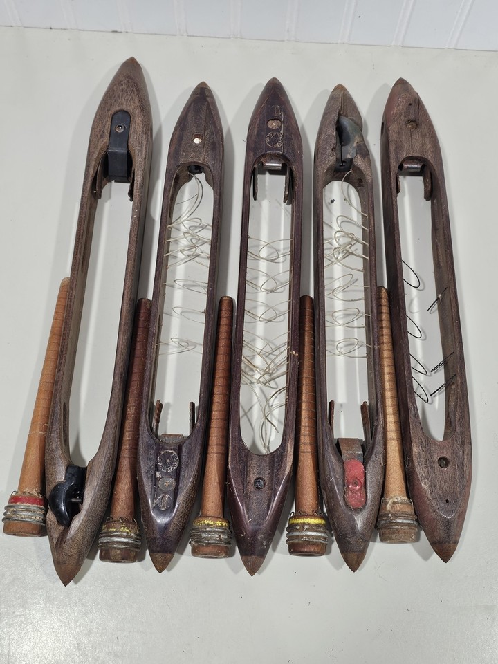(5) Old Wooden Weaving Loom Boat Shuttles W/ Metal Tips 16" Vintage ...