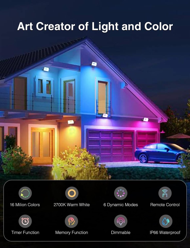 Onforu 6 Pack RGBW LED Flood Light Outdoor, 100W Color Changing 2700K ...