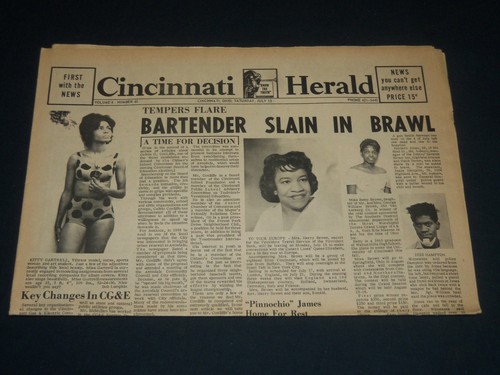 1963 JULY 13 CINCINNATI HERALD NEWSPAPER - BARTENDER SLAIN IN BRAWL ...