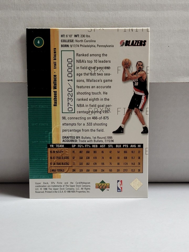 1998-99 Upper Deck SPx Finite Rasheed Wallace Portland Trail Blazers #4 ...