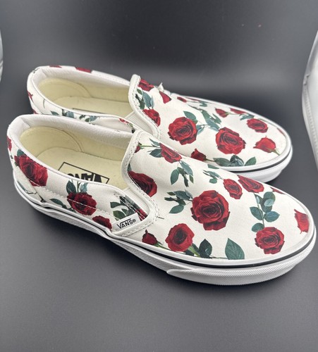 New VANS Classic Slip-on Shoes Sneakers Red Roses True White Floral ...