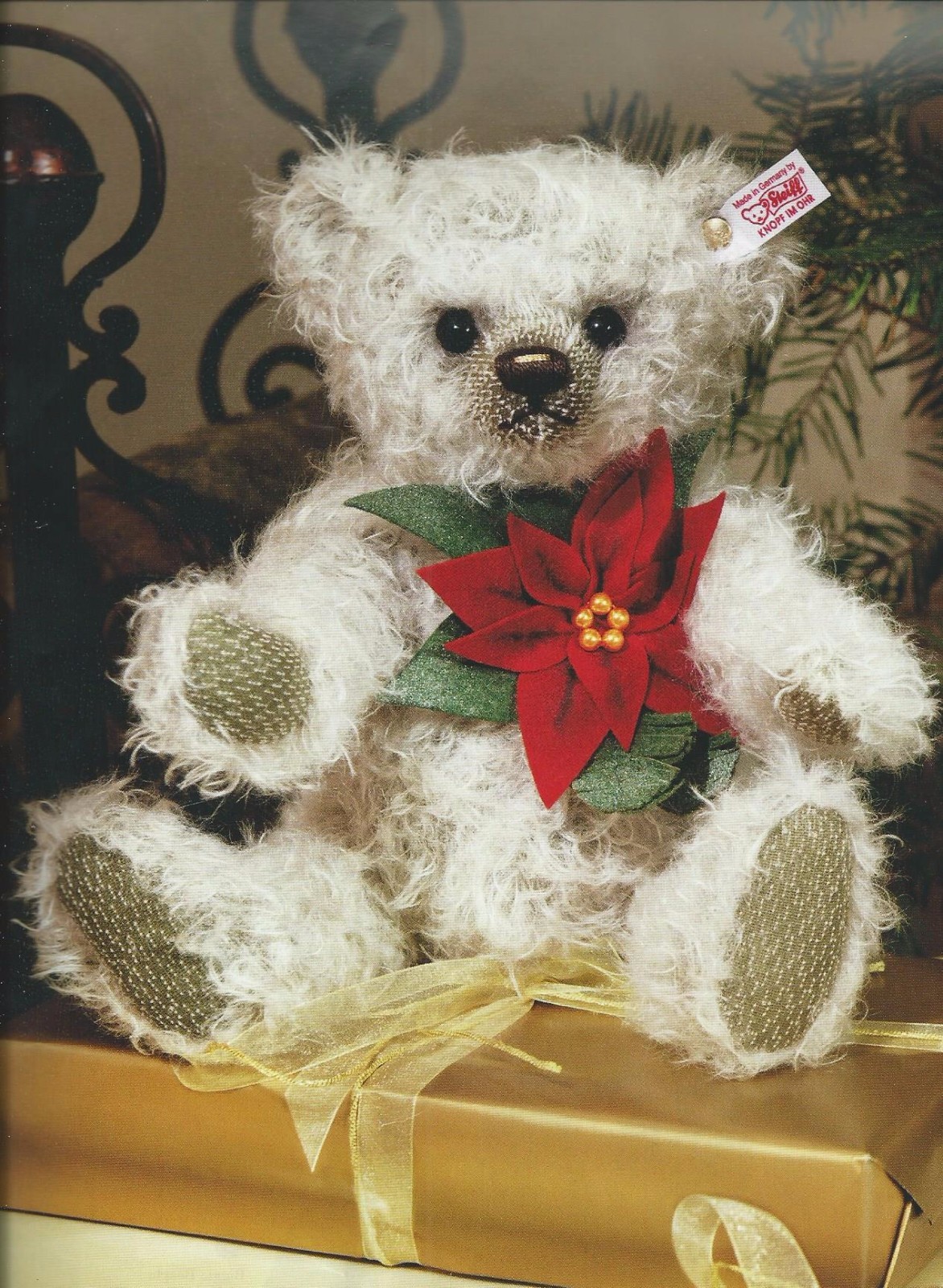 STEIFF" POINSETTIA TEDDY BEAR" EAN 035463 MOHAIR TEDDY WITH WOOL FELT ...