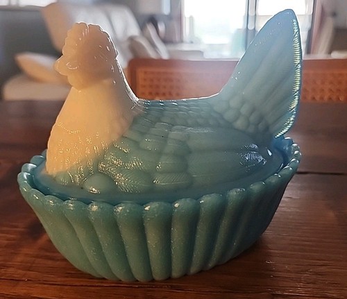 Vintage Blue White Head Glass Hen On Nest Chicken Covered Candy Dish | eBay