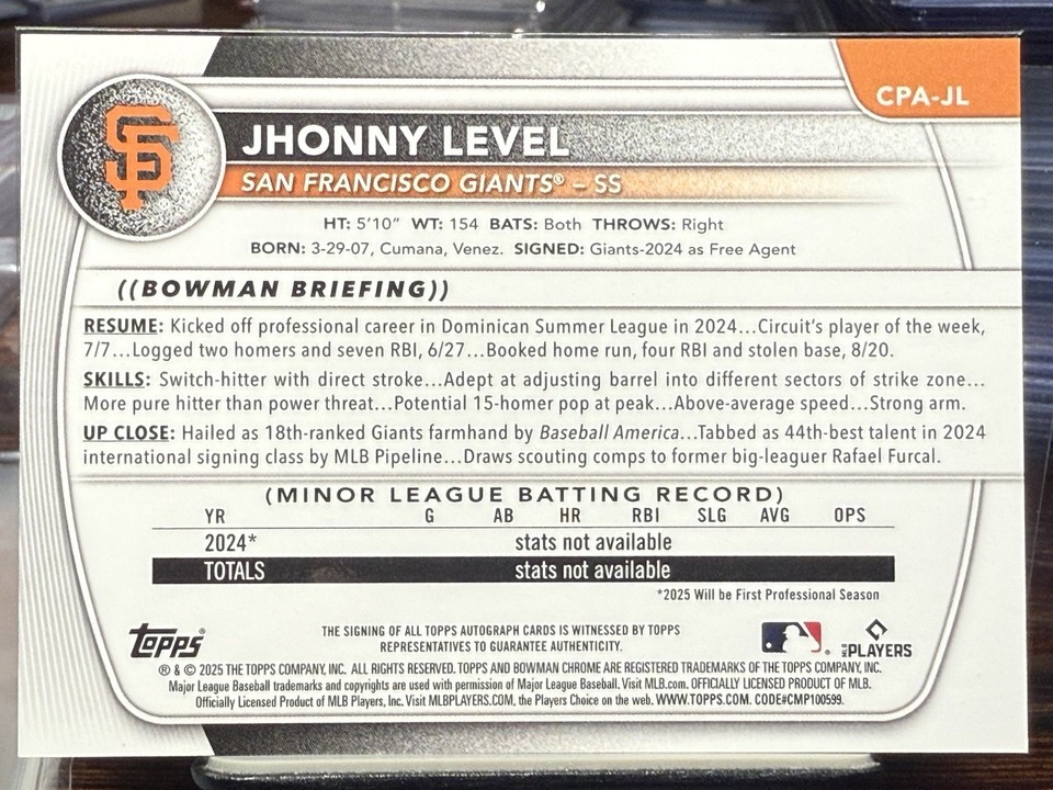 2025 Bowman Jhonny Level Purple Auto /250 Rookie RC San Francisco ...
