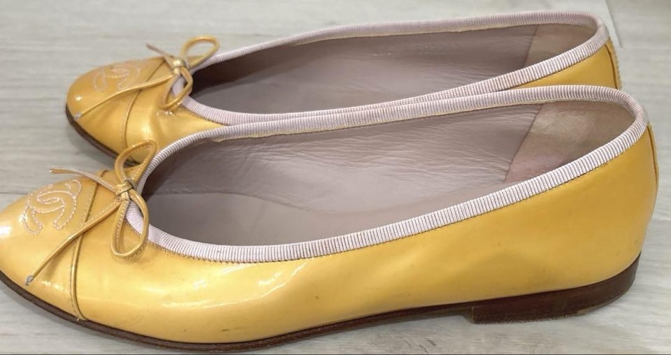 Chanel Ballet Flats Ribbon Shoes Coco Mark Yellow Size 37 US About7 For ...