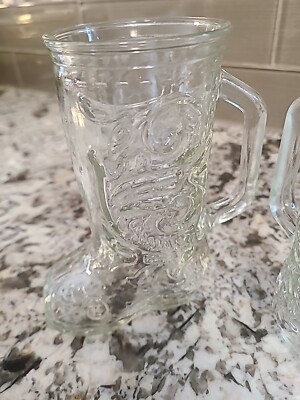 Set of 2 Vintage Clear Glass Cowboy Boot Beer Mug Embossed with Handle ...