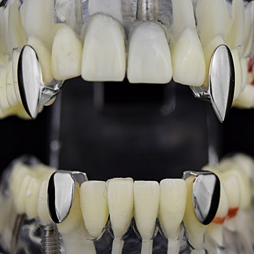 Vampire Fang Set Silver Tone 2 Canine K9 Dracula Fangs And Two Bottom ...