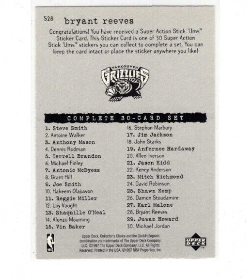 Bryant Reeves 1997-98 Upper Deck CC Super Action Stick-Ums #S28 | eBay