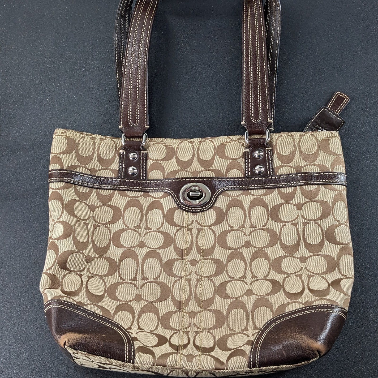 Coach Purse Dark Brown Hampton Signature Jacquard Can… - Gem