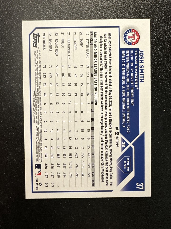 2023 Topps Series 1 Base Texas Rangers #37 Josh Smith Rookie Card RC | eBay