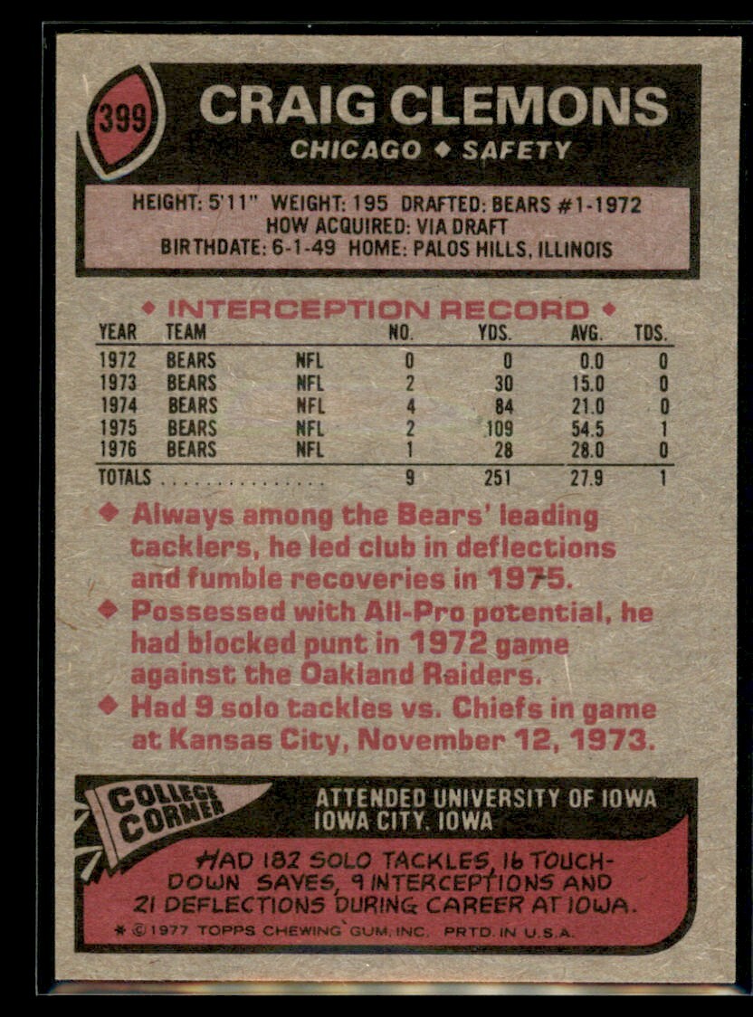 1977 Topps Craig Clemons Chicago Bears #399 | eBay