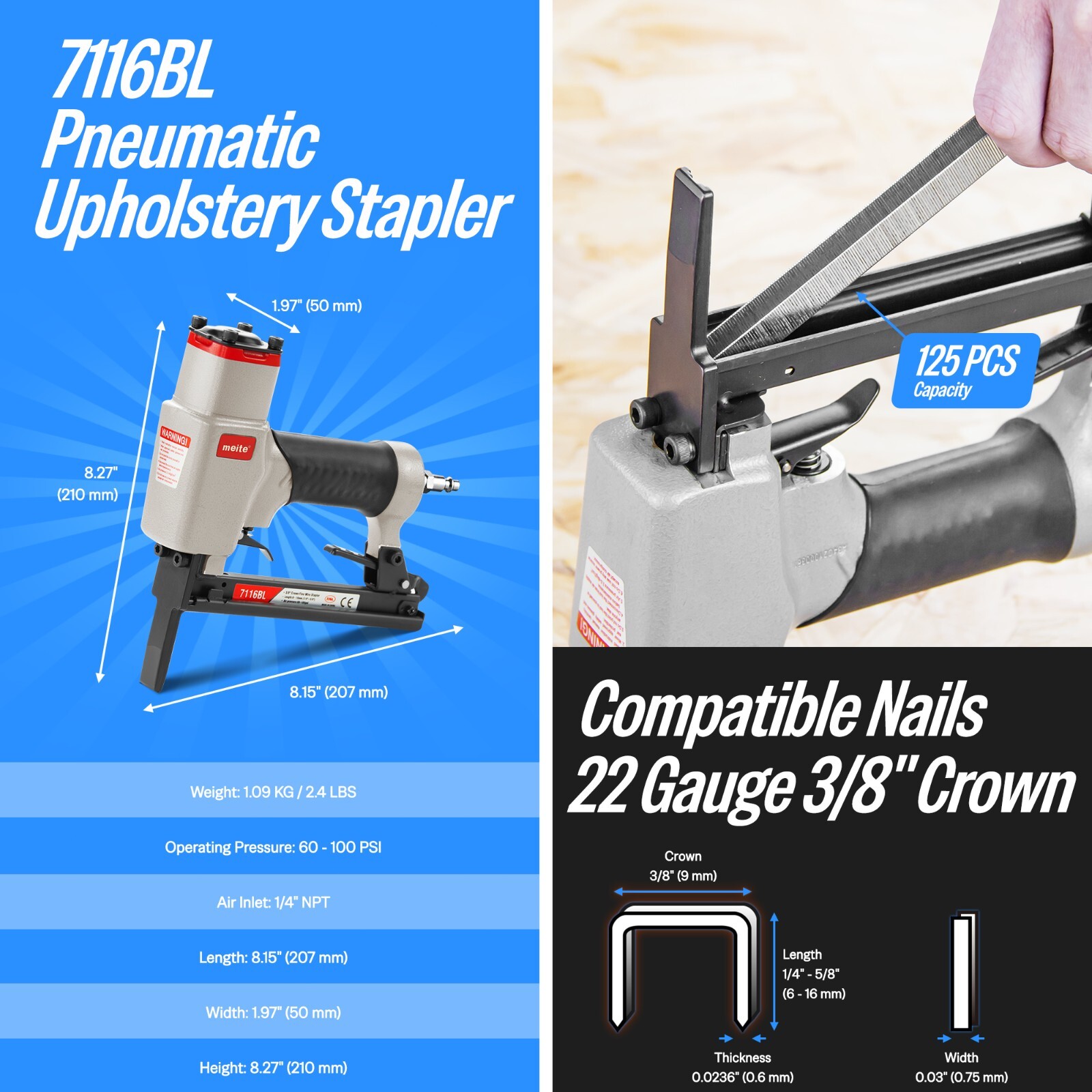 meite 7116BL Pneumatic Staple Gun 22 Gauge 3/8 inch Crown 1/4" to 5/8 ...