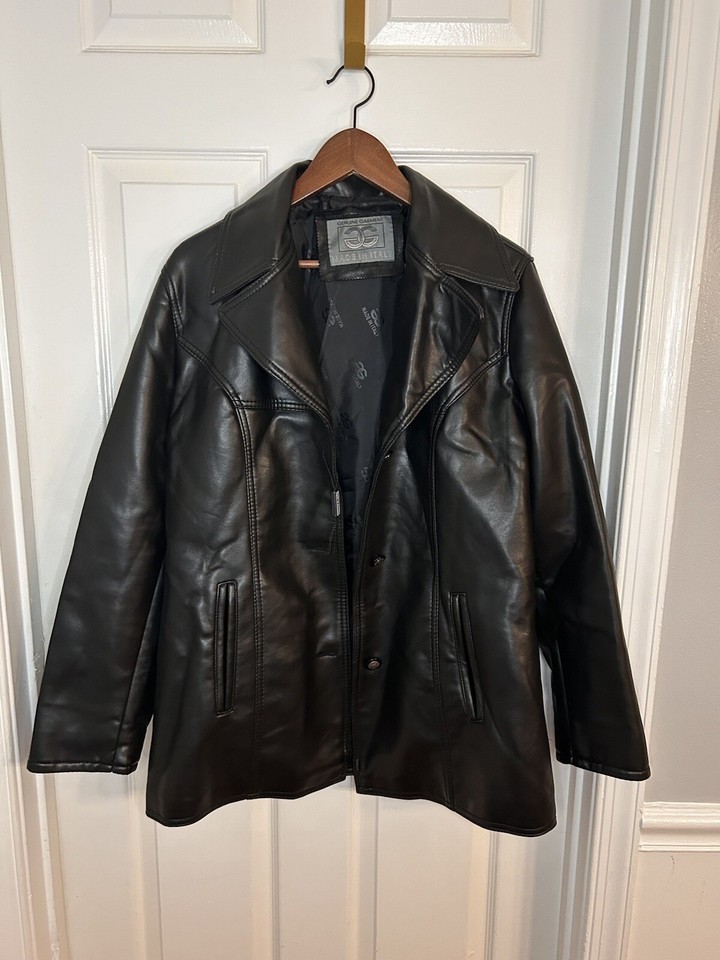 Women Alta Moda Italian Black Faux Leather Button Up Fitted Jacket Size ...