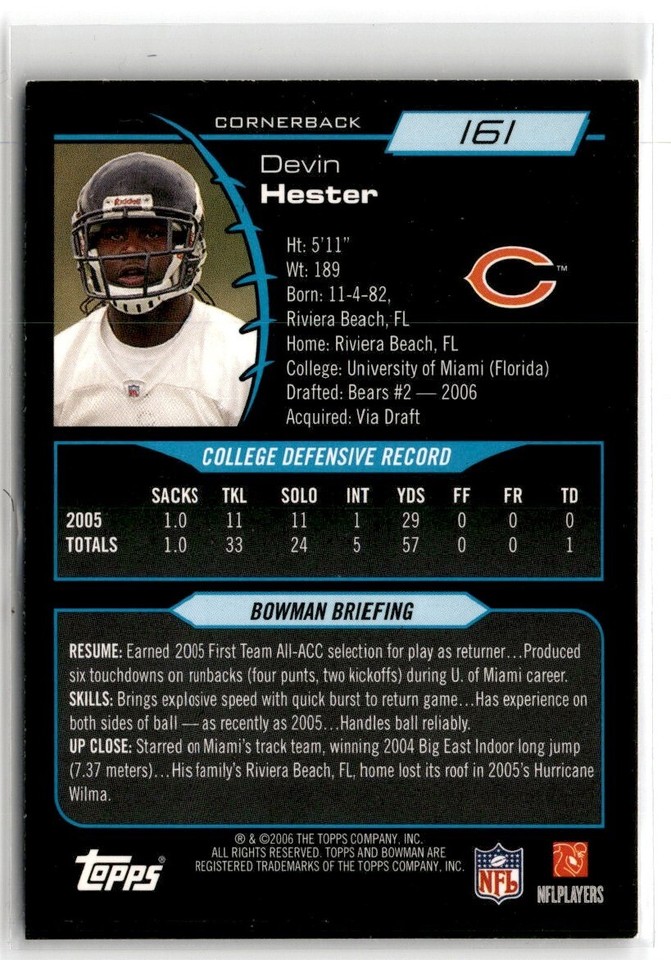 2006 Bowman Gold Devin Hester #161 Chicago Bears Football Card | eBay