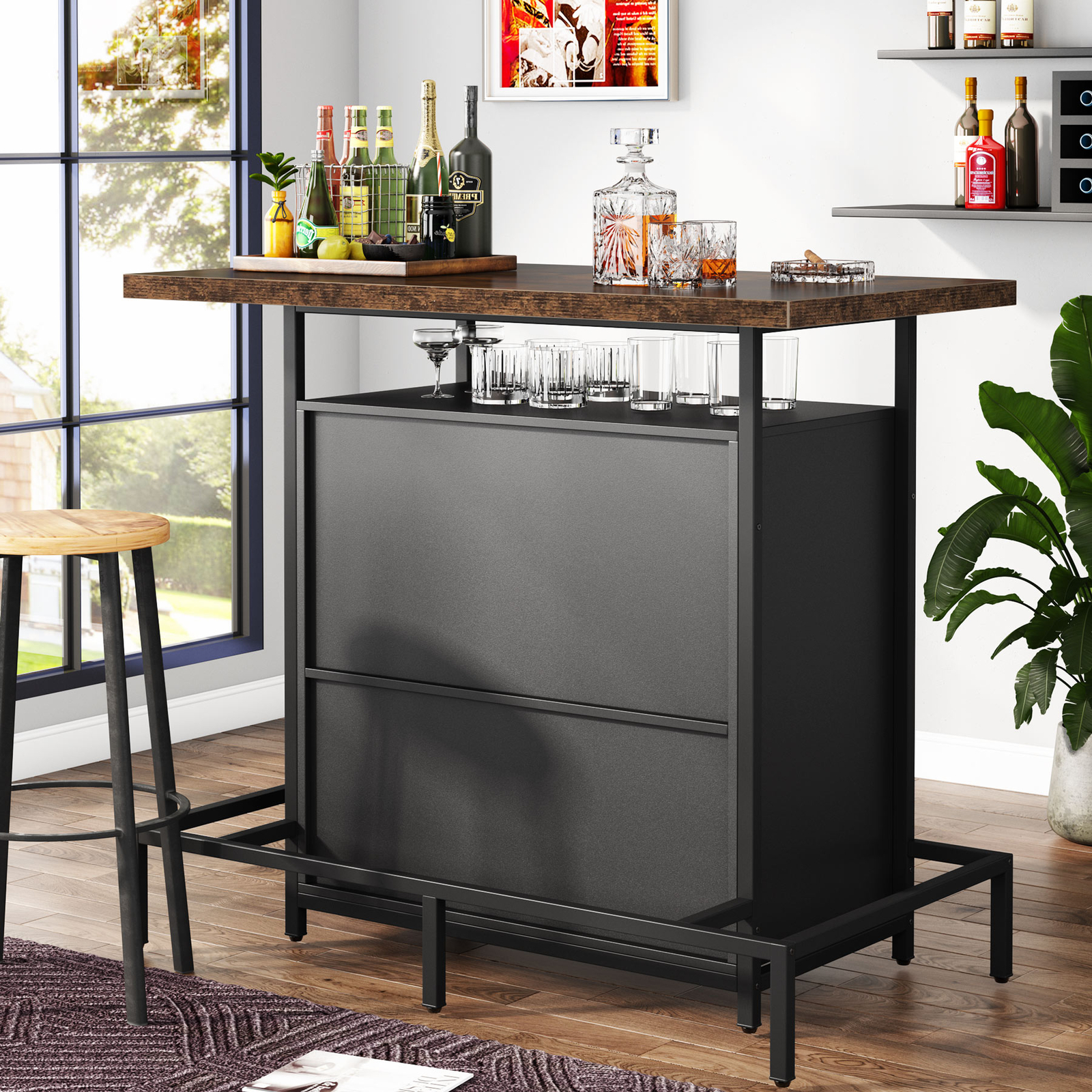 Tribesigns 3-Tier Home Bar Unit, Liquor Wine Table Mini Bar with ...