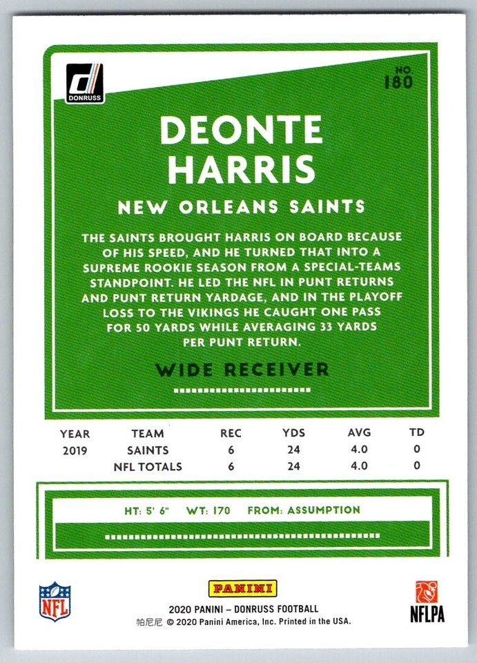 2020 Panini Donruss Football Card Deonte Harris #180 New Orleans Saints ...
