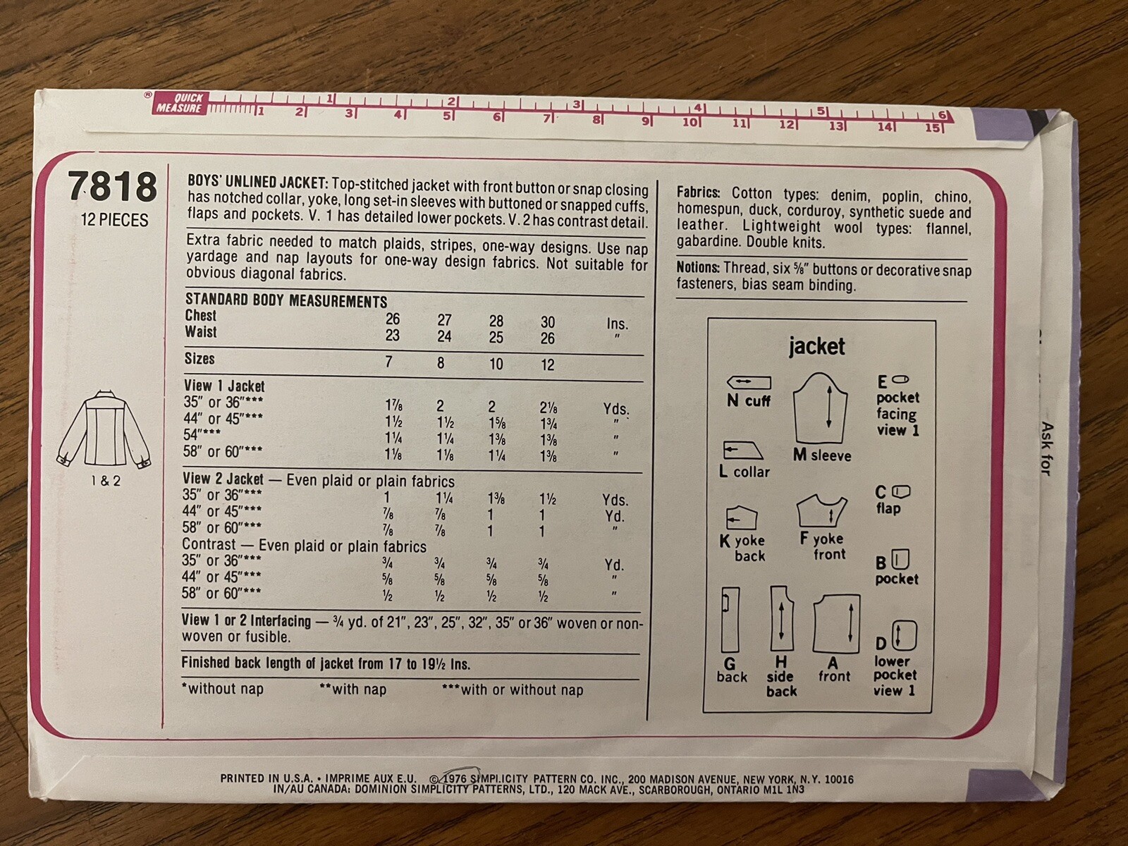 Vtg 1970s UNCUT Simplicity Sewing Pattern 7818 Boys Unlined Jacket Coat ...