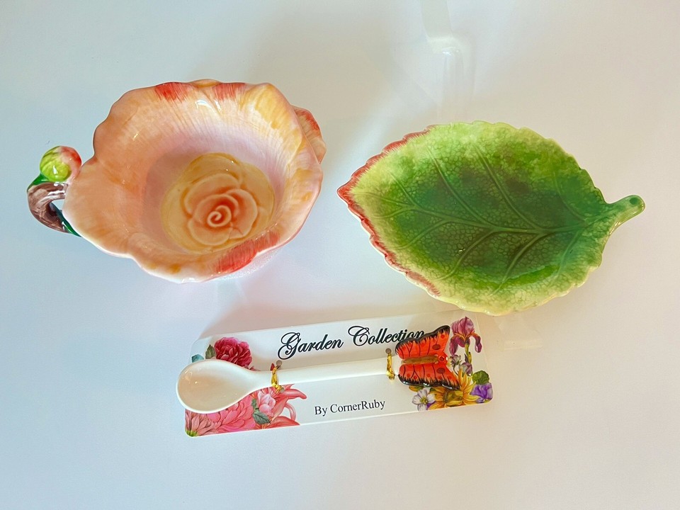 Corner Ruby Teacup Garden Collection Rose 3 Pc Set Leaf Saucer & Bee ...