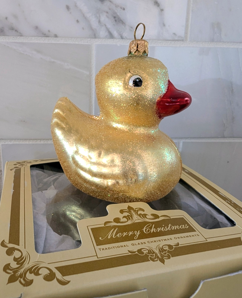 IMPULS Yellow Rubber Duck Ducky Glitter Blown Glass Ornament 3.5 ...