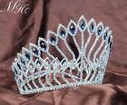 Large Contoured Pageant Tiara Blue Rhinestone Crown Wedding Prom Party ...